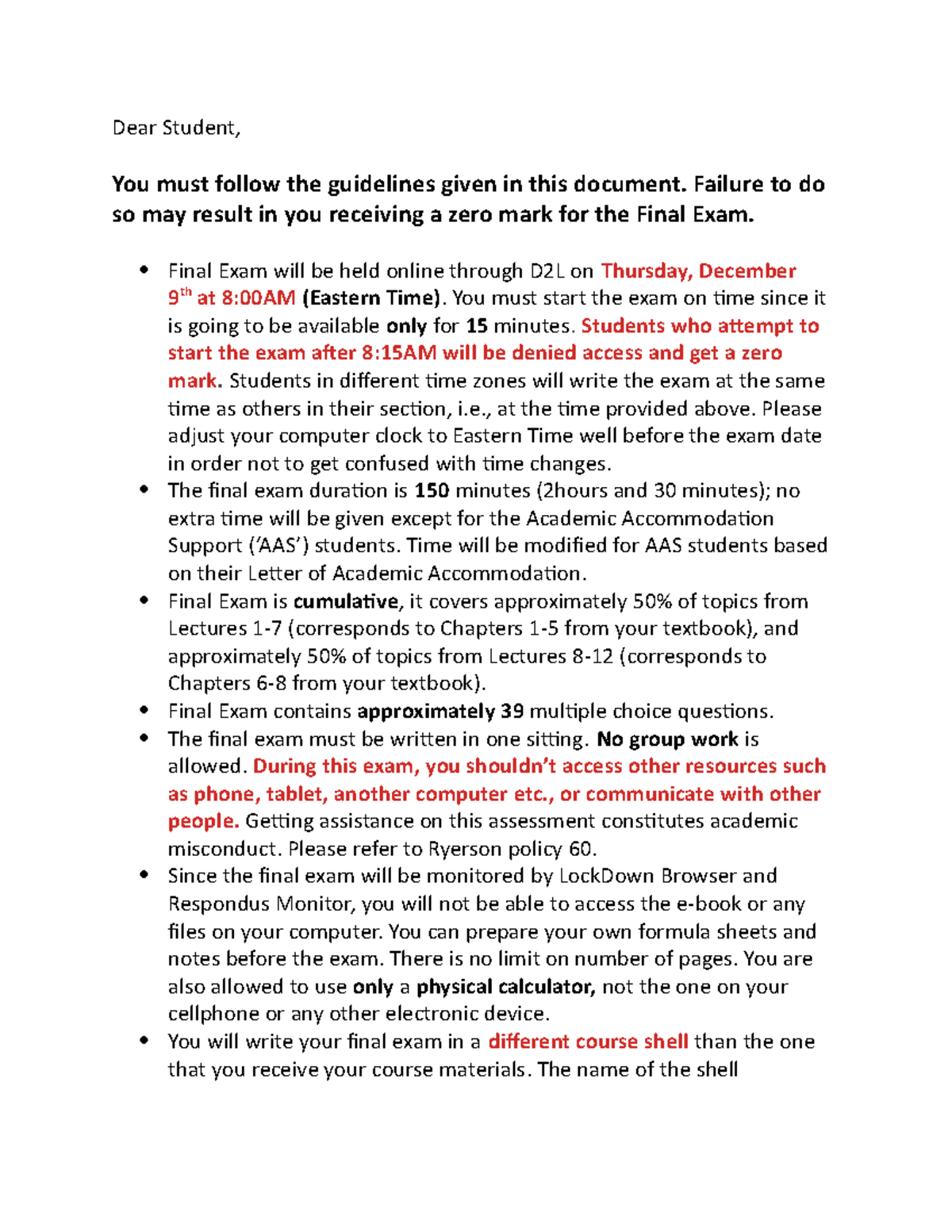 Final Exam Announcement-Updated - Dear Student, You must follow the ...