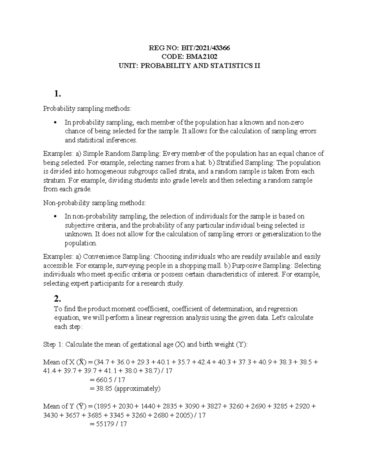 Probability sampling methods - REG NO: BIT/2021/ CODE: BMA UNIT: PROBABILITY AND STATISTICS II 1 ...