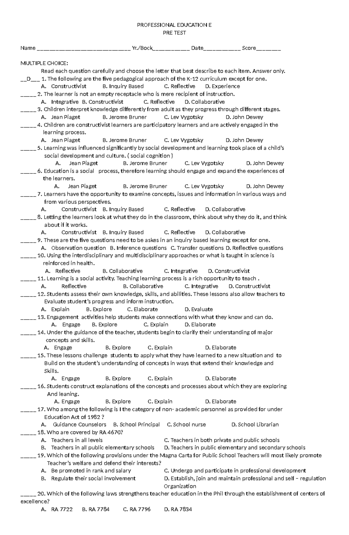 Professional Education E pre test - PROFESSIONAL EDUCATION E PRE TEST ...