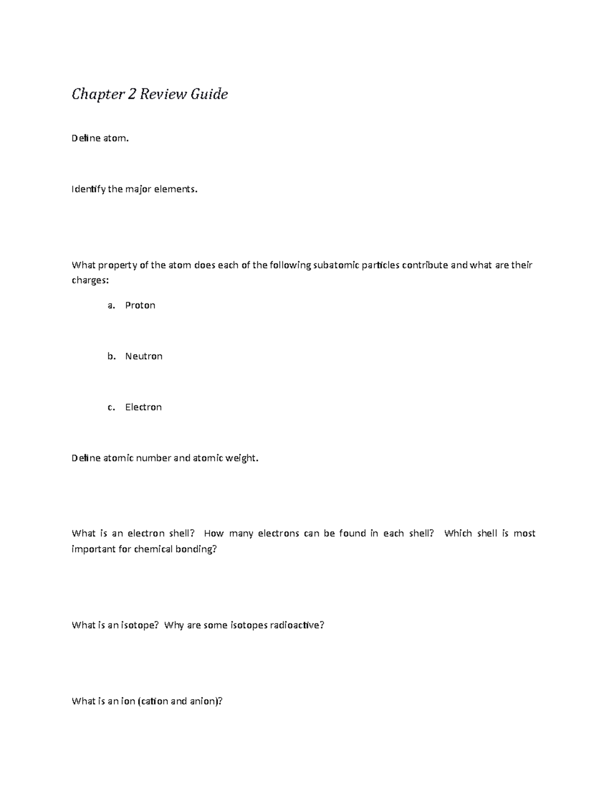 Chapter 2 Reading Guide for BIO 163 - Chapter 2 Review Guide Define ...