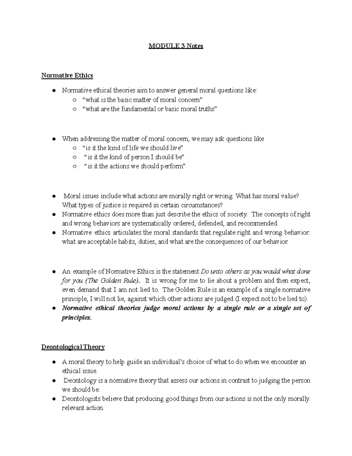 EST 331 Module 3 - MODULE 3 Notes Normative Ethics Normative ethical ...