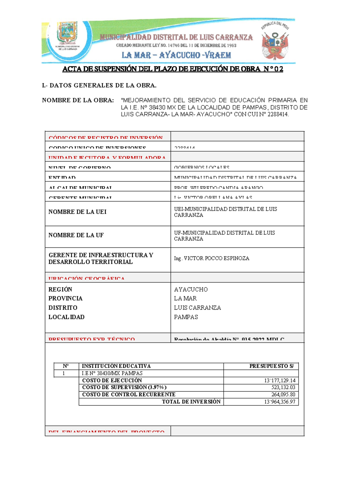 ACTA Suspension Nº 02 OBRA Pampas - ACTA DE SUSPENSIÓN DEL PLAZO DE EJECUCIÓN DE OBRA N ° 0 2 I ...