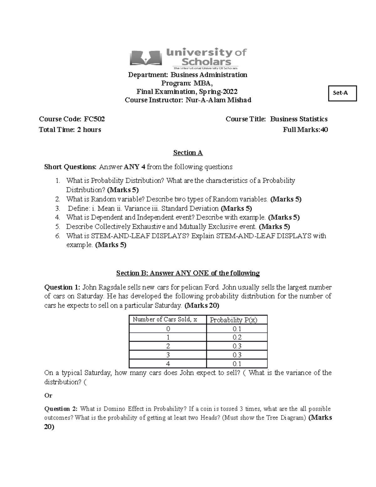 Final Question Business Statistics - Department: Business ...