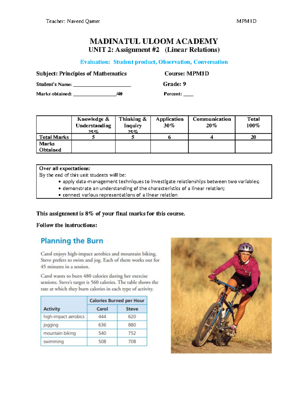 MUA MPM1D Grade 9 2020/21 Math Assignment number 2 questions to answer pdf - Teacher: Naveed ...