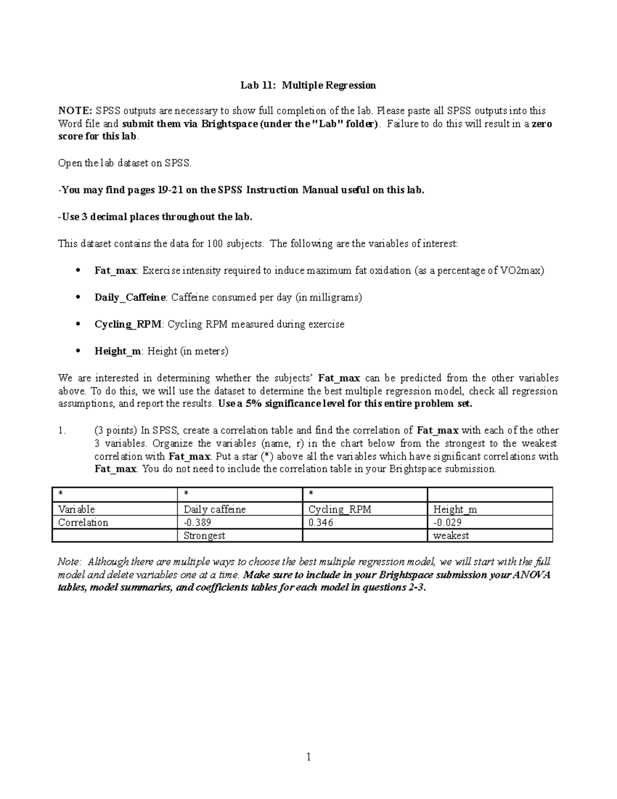 Lab 11 Multiple Regression Final Lab 11 Multiple Regression Note Spss Outputs Are Necessary 