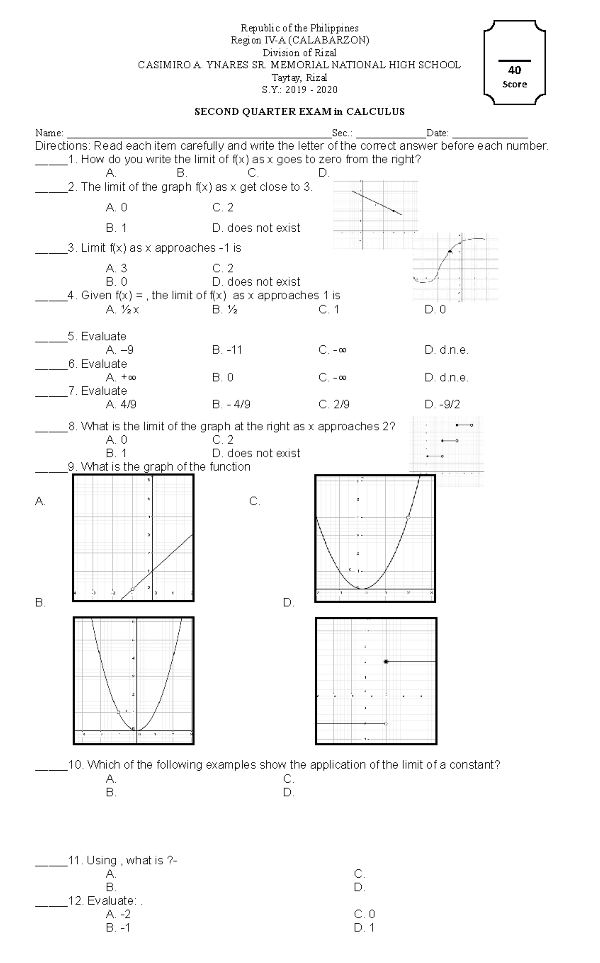 Calculus 2ND Quarter exam - Republic of the Philippines Region IV-A ...