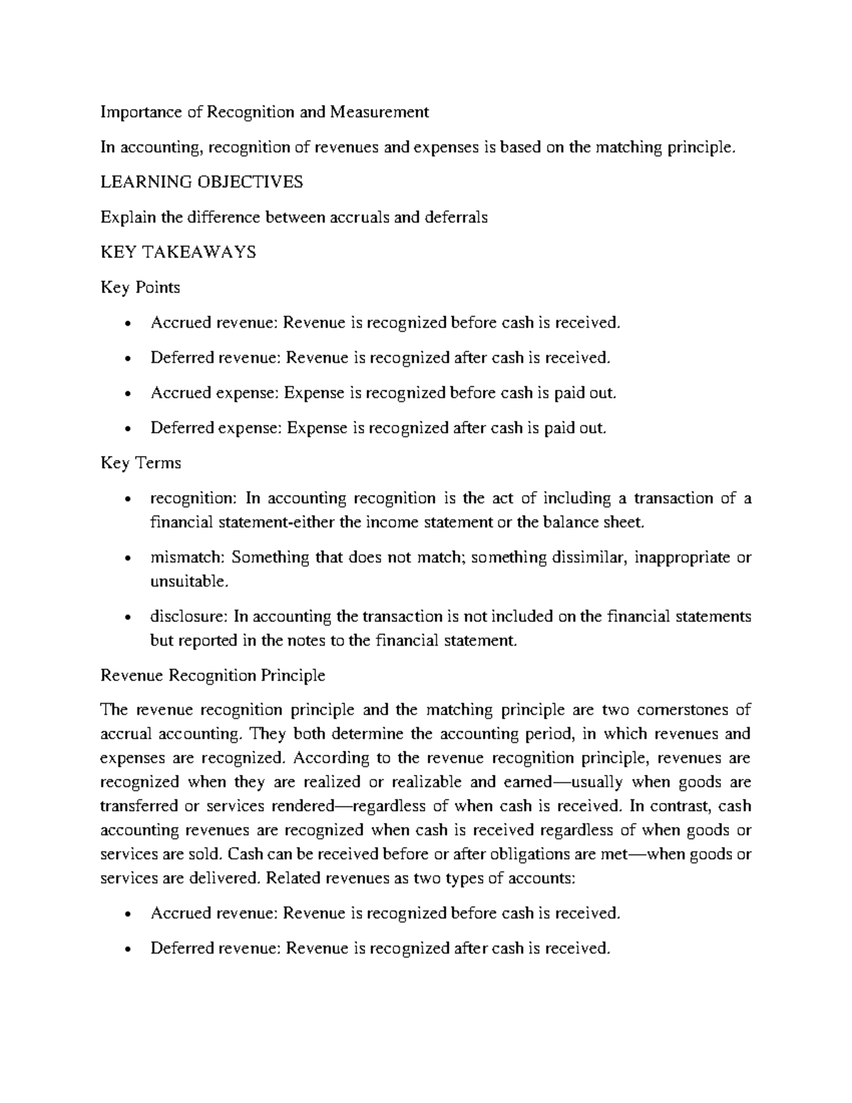 Importance of Recognition and Measurement - LEARNING OBJECTIVES Explain ...