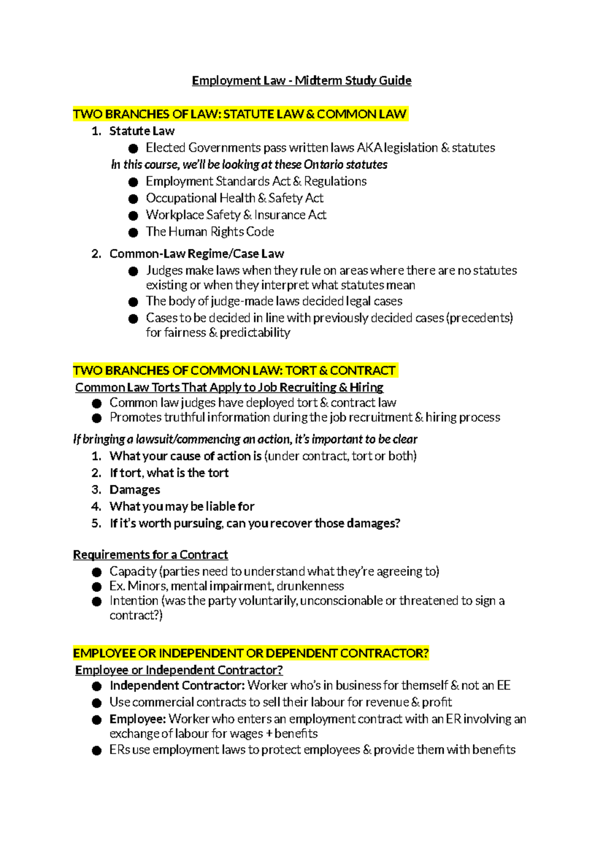 Employment Law - Midterm Study Guide - Minors, mental impairment ...