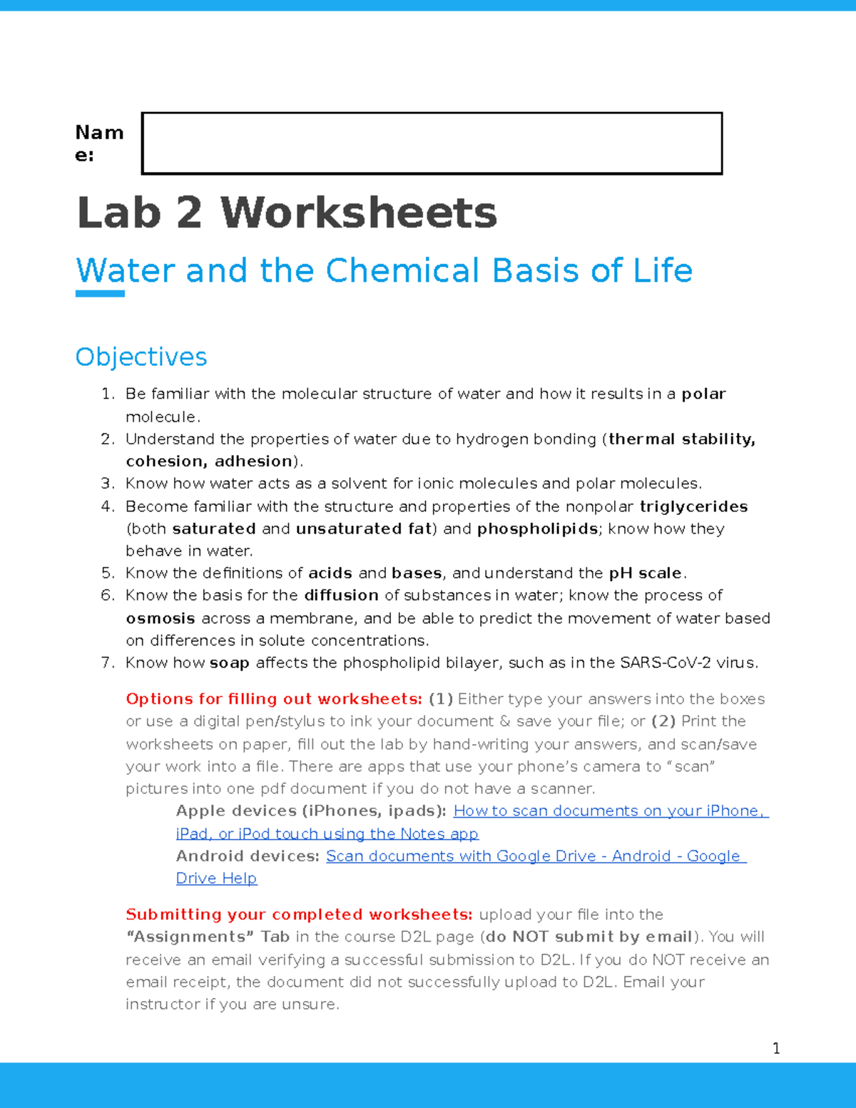 Lab 2 - Water and Chemical Basis - Nam e: Lab 2 Worksheets Water and ...