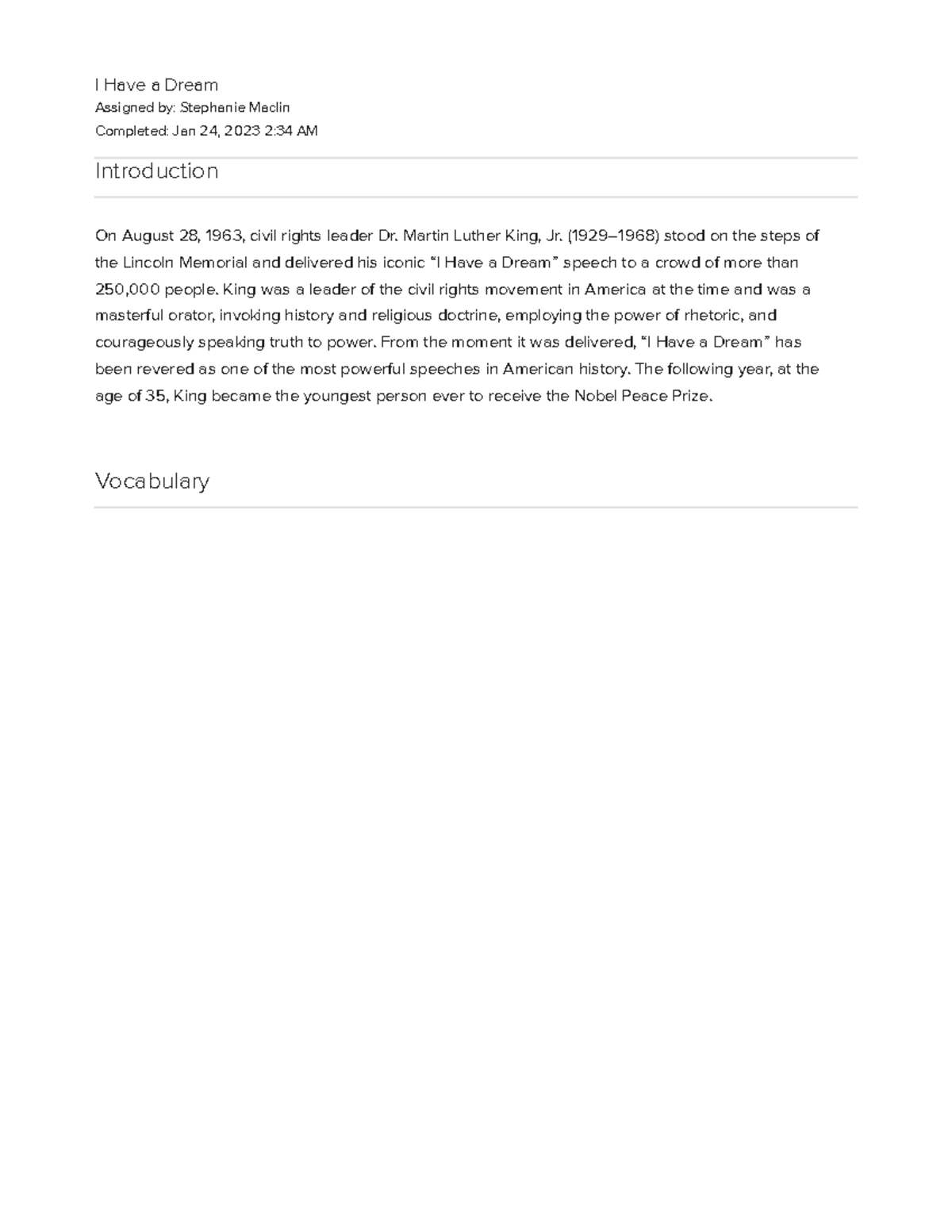 Binder - dfhgh - Introduction Vocabulary I Have a Dream Assigned by ...