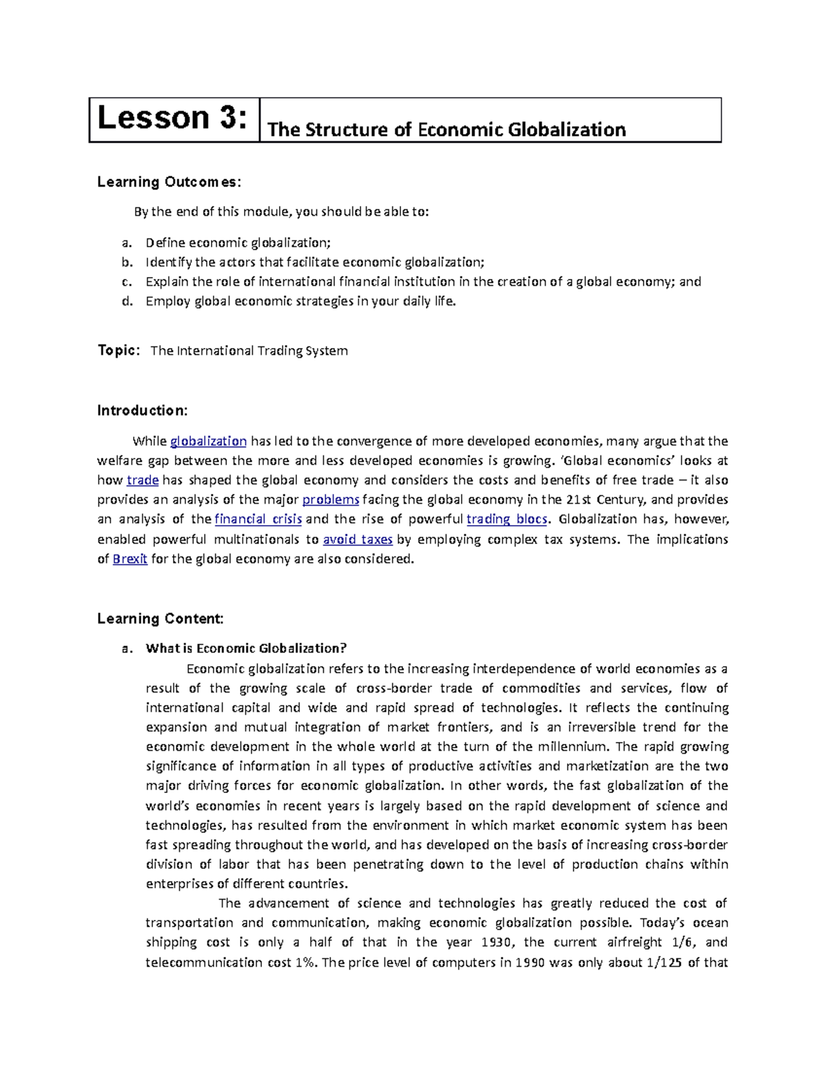 Lesson 3 Learning Content - Lesson 3: The Structure of Economic ...