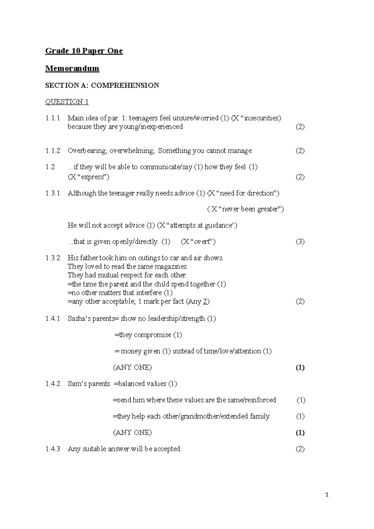 Grade 10 P1 MEMO - past paperpast - Grade 10 Paper One Memorandum ...