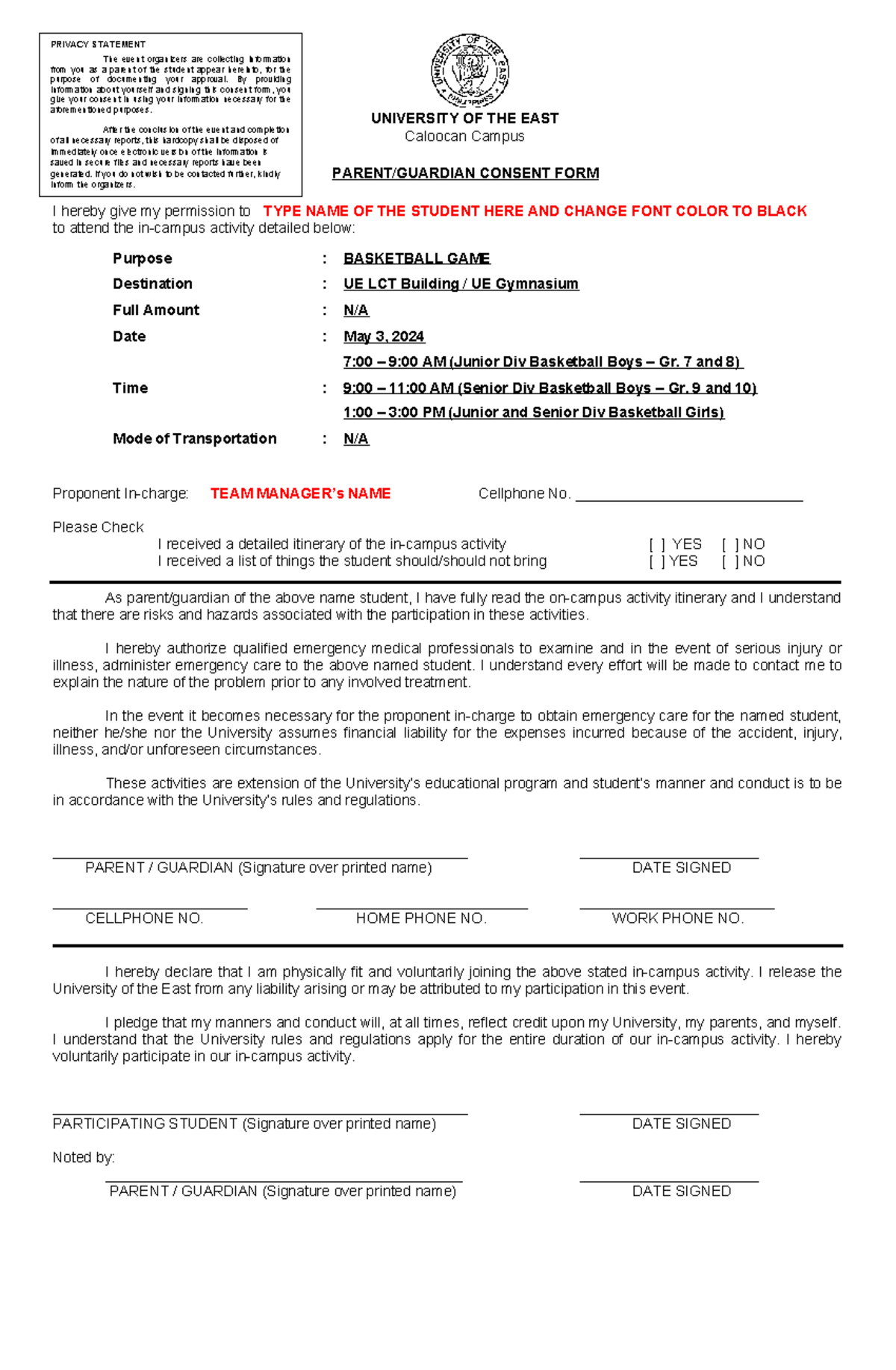 May 3 Consent Form - I hereby give my permission to TYPE NAME OF THE ...