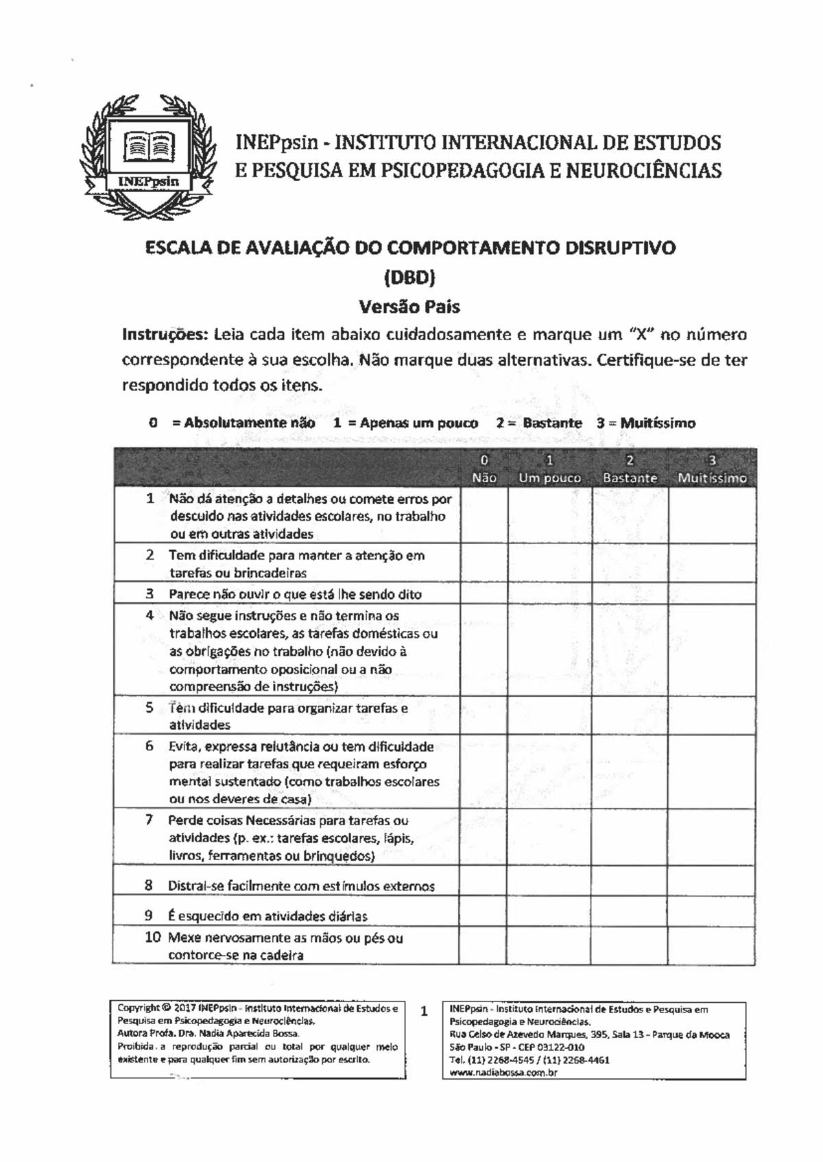 Escala de Avaliação do Comportamento Disruptivo (DBD) - Versão Pais ...