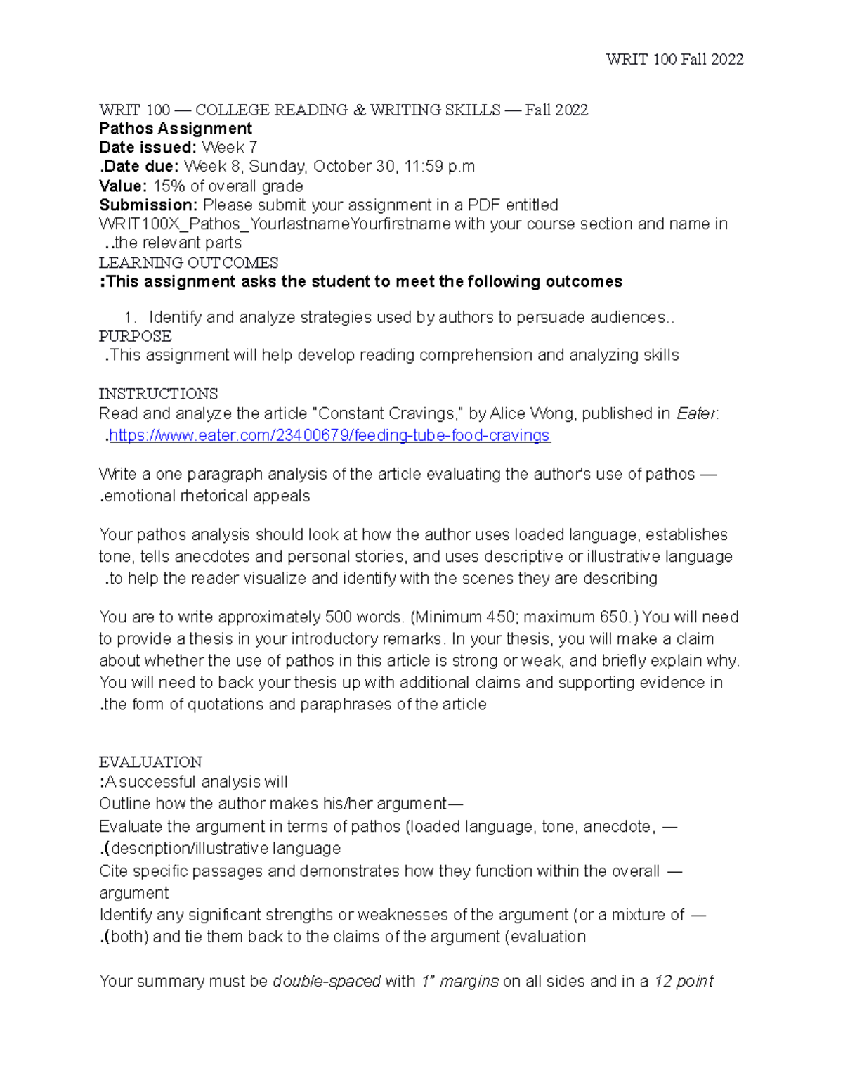 WRIT 100 Fall 2022 Pathos assignment - WRIT 100 Fall 2022 WRIT 100 ...