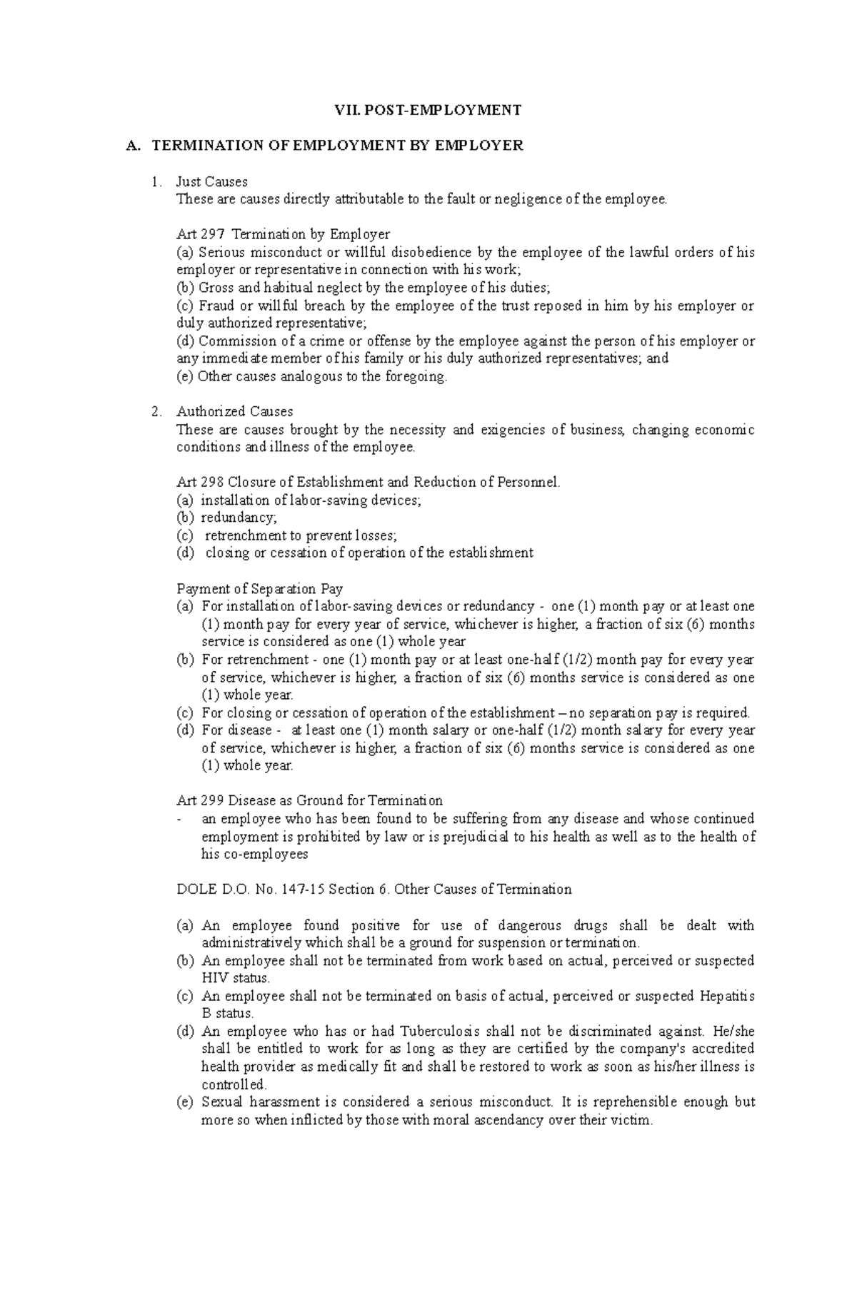 Post Employment - VII. POST-EMPLOYMENT A. TERMINATION OF EMPLOYMENT BY ...