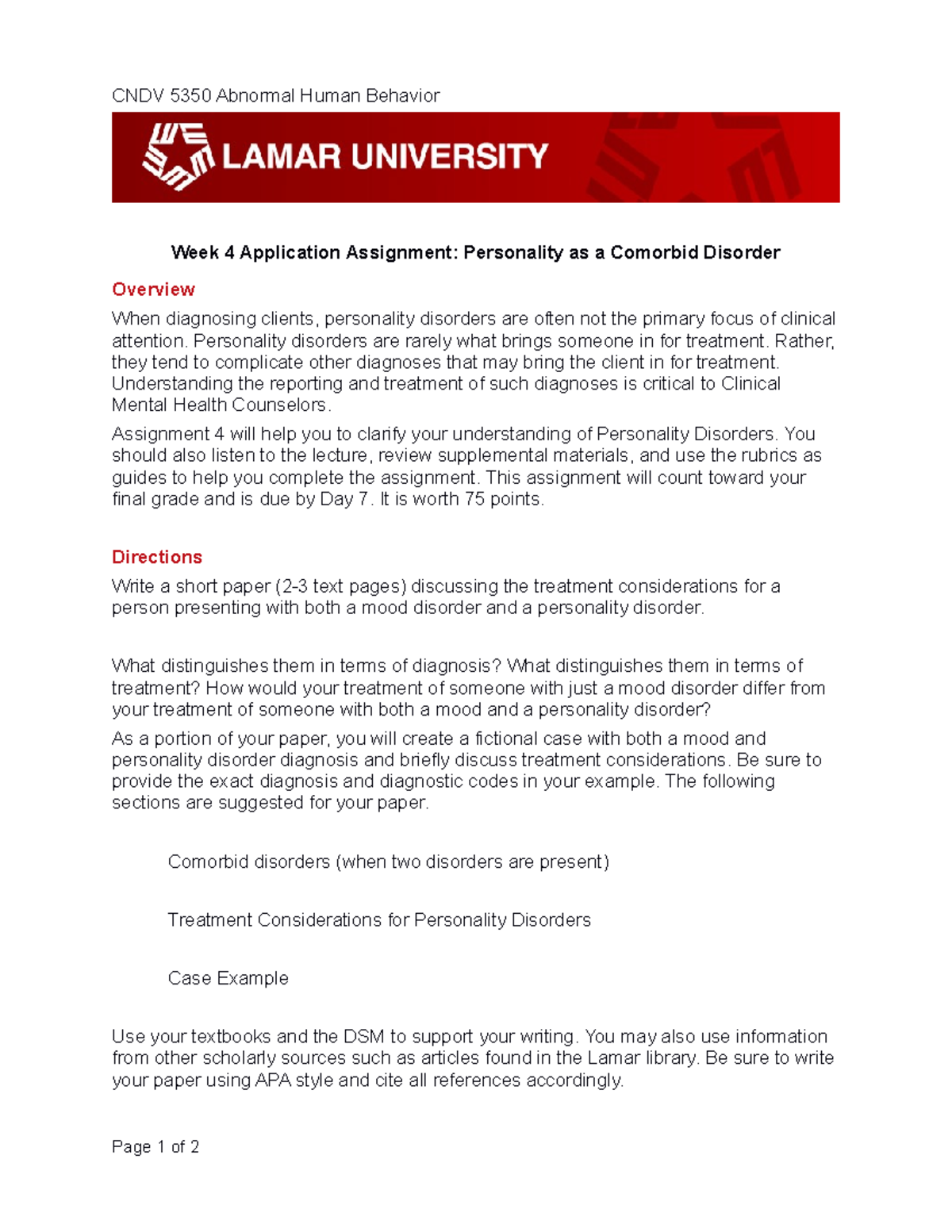 Week 4 Assignment Personality Comorbid - CNDV 5350 Abnormal Human ...