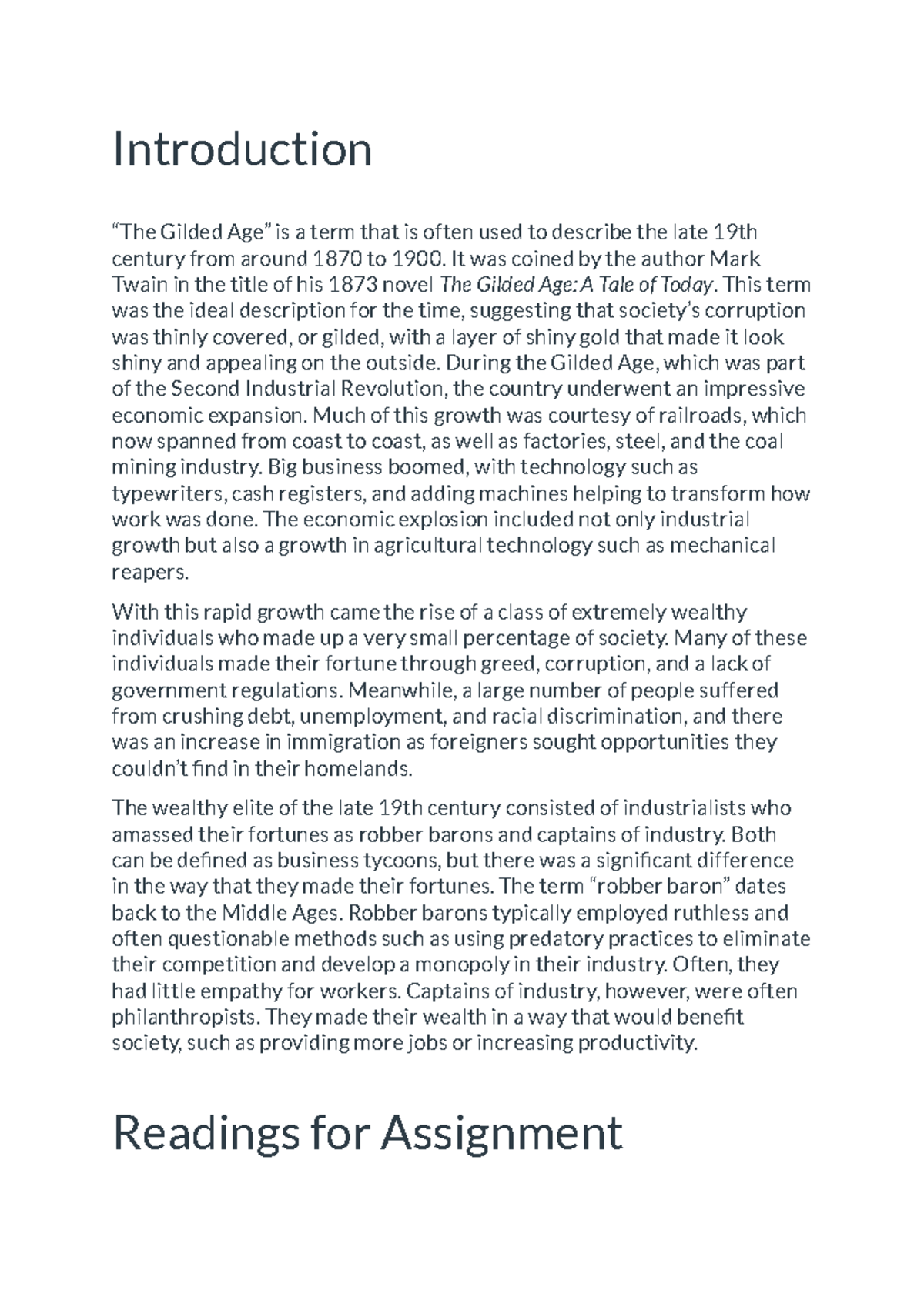 Discussion Week 1 HIST 1302 - Introduction “The Gilded Age” is a term ...