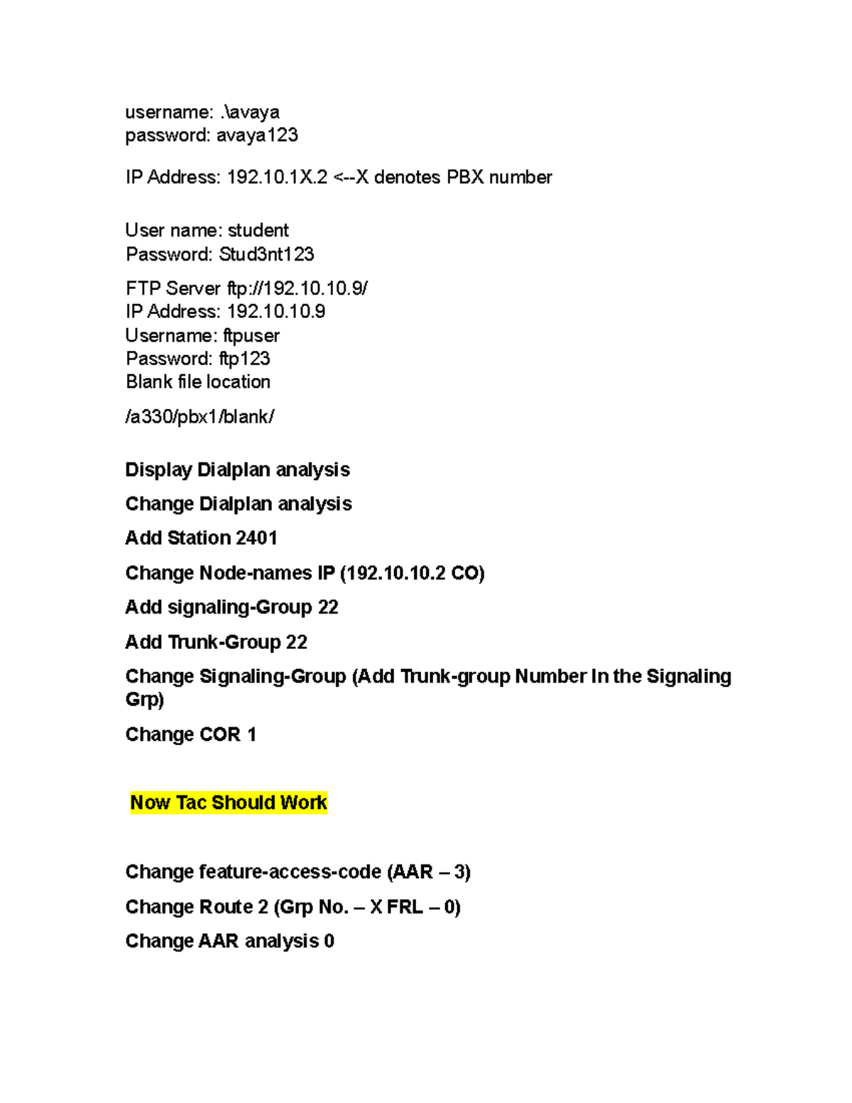 VOIP Lab Test - Exam - username: .\avaya password: avaya IP Address ...