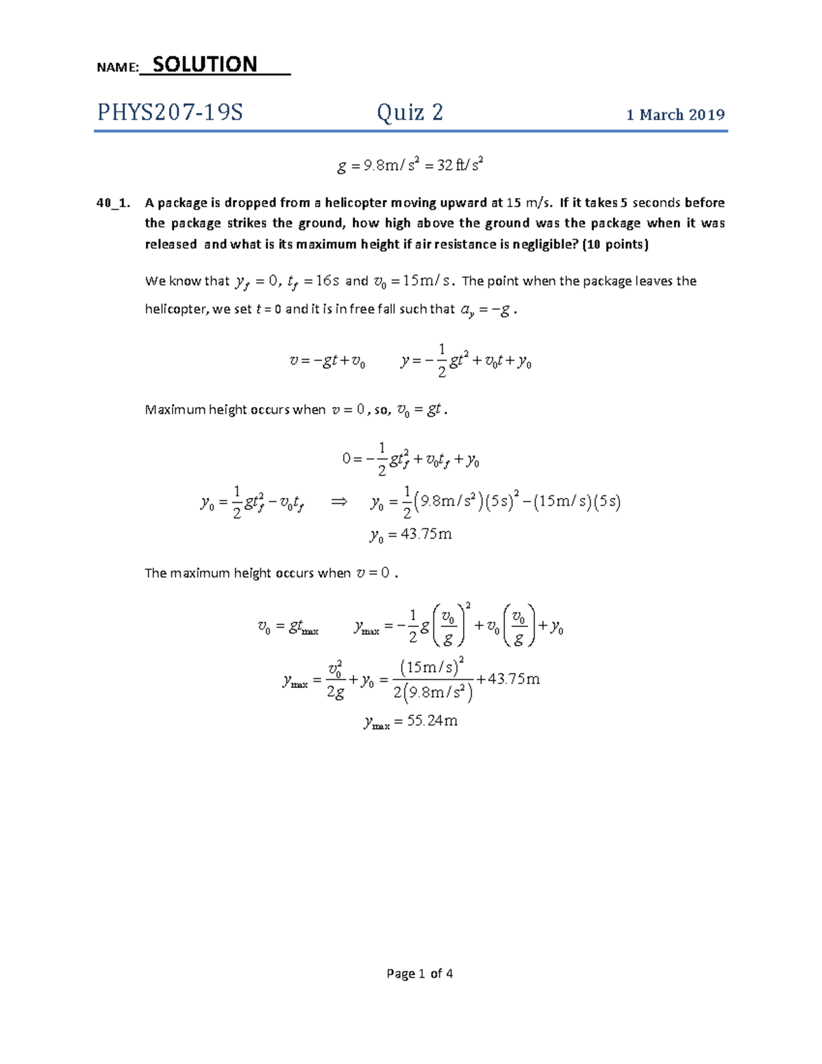 Quiz 2 Solution Warning Tt Undefined Function 32 Phys207 19s Quiz 2 1 March 2019 22 G 9 M
