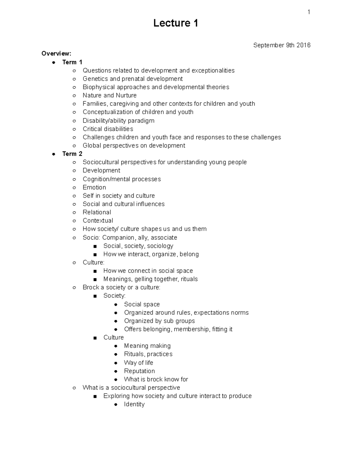 Lecture 01 September 9 - Danielle Molnar & Shauna Pomerantz - 1 Lecture ...