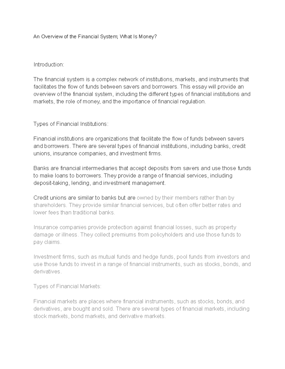 An Overview of the Financial System; What Is Money - An Overview of the ...