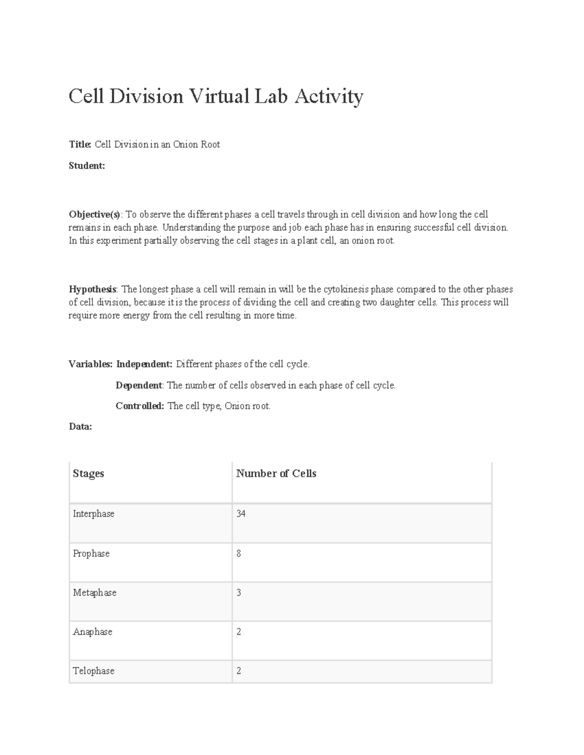Cell Division Virtual Lab Activity - Understanding the purpose and job ...