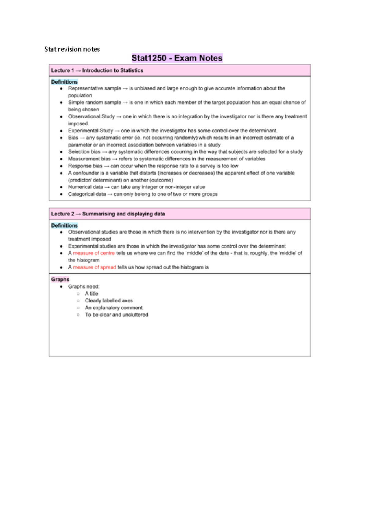 Revision notes - ... - HUX 501 - Stat revision notes - Studocu