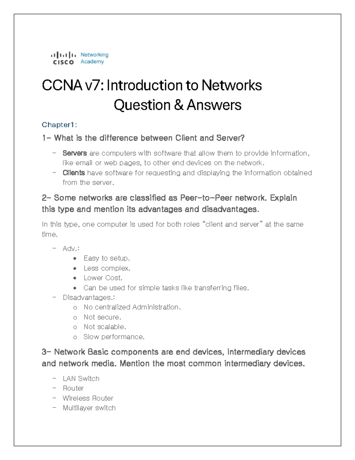 CCNA Q A - desha - CCNA v7: Introduction to Networks Question & Answers ...