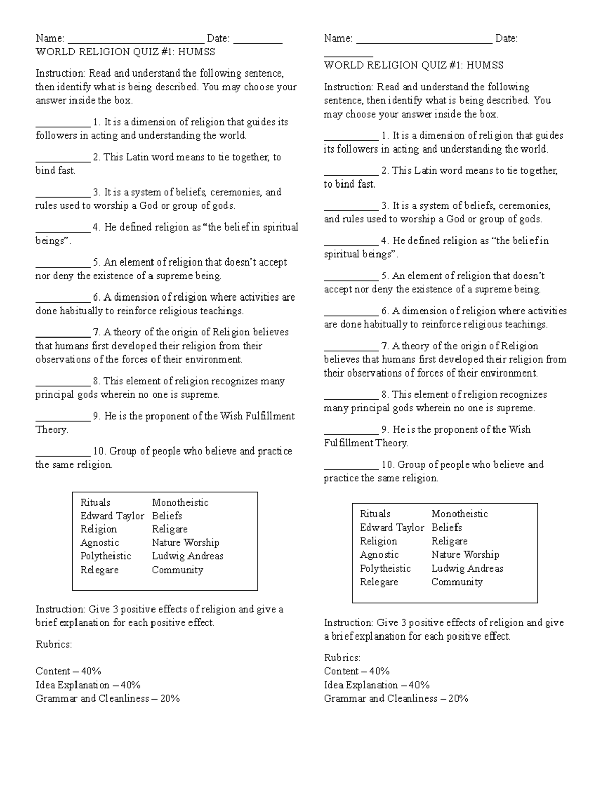World- Religion-QUIZ - Name: _________________________ Date ...