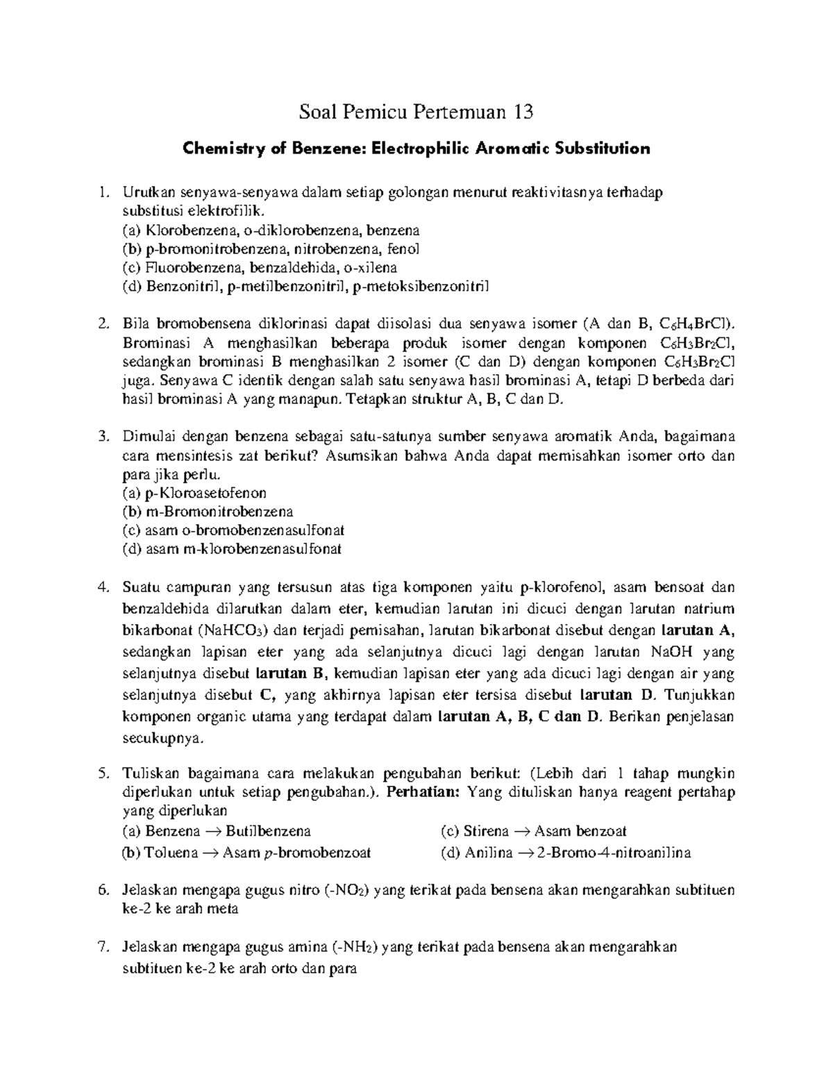 Pemicu 13 Benzena (II) - Soal Pemicu Pertemuan 13 Chemistry of Benzene ...