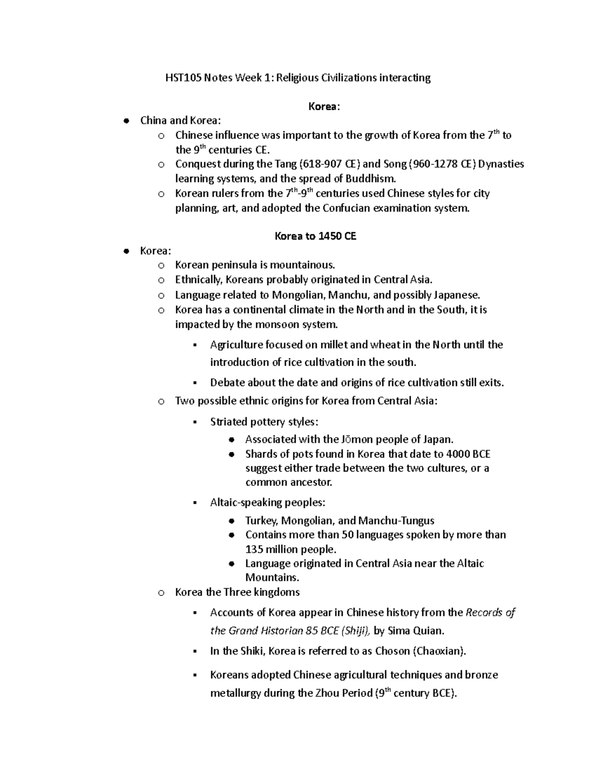 HST105 Notes Week 1 - o Conquest during the Tang (618-907 CE) and Song ...