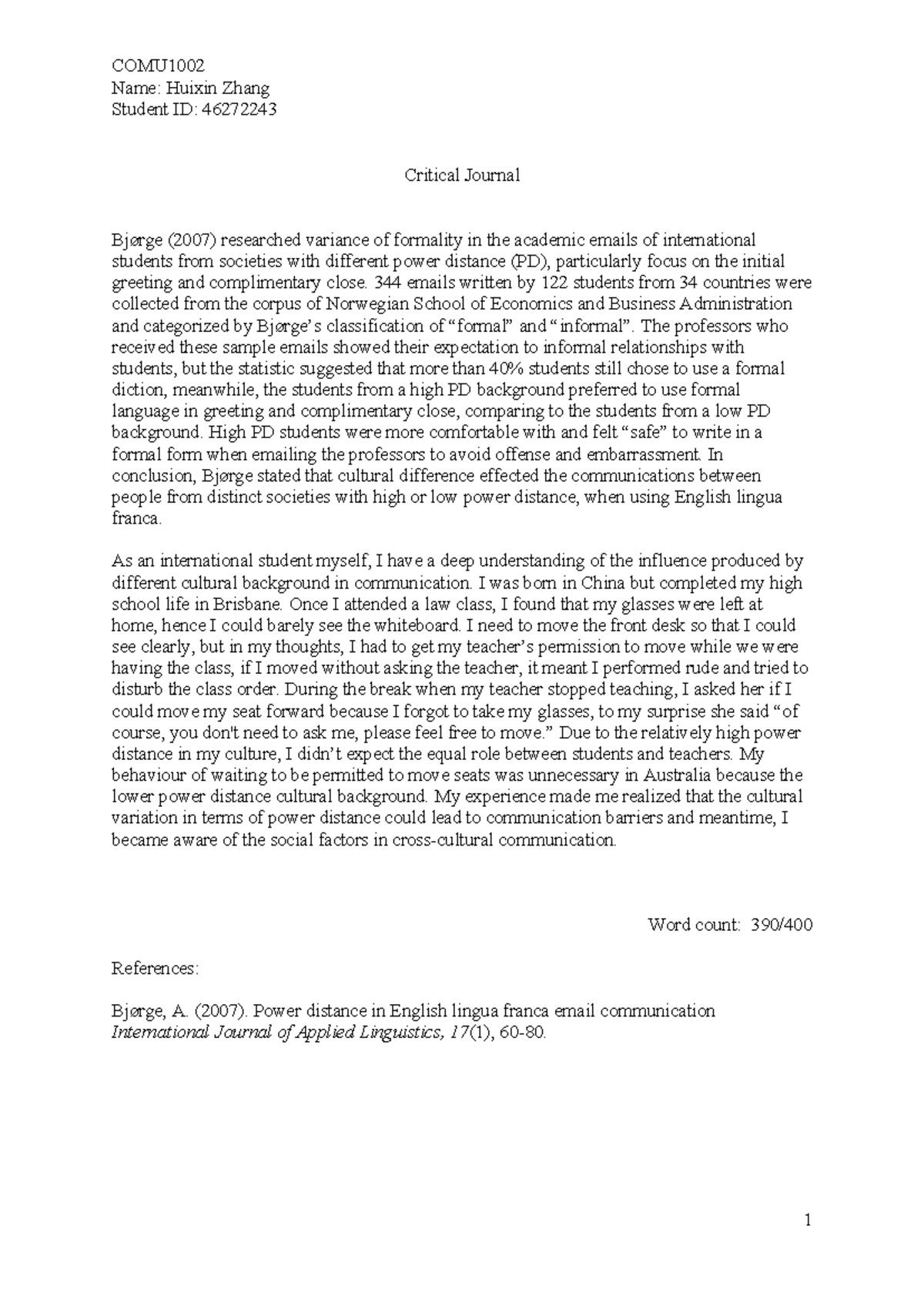 W2 Critical Journal - COMU Name: Huixin Zhang Student ID: 46272243 ...