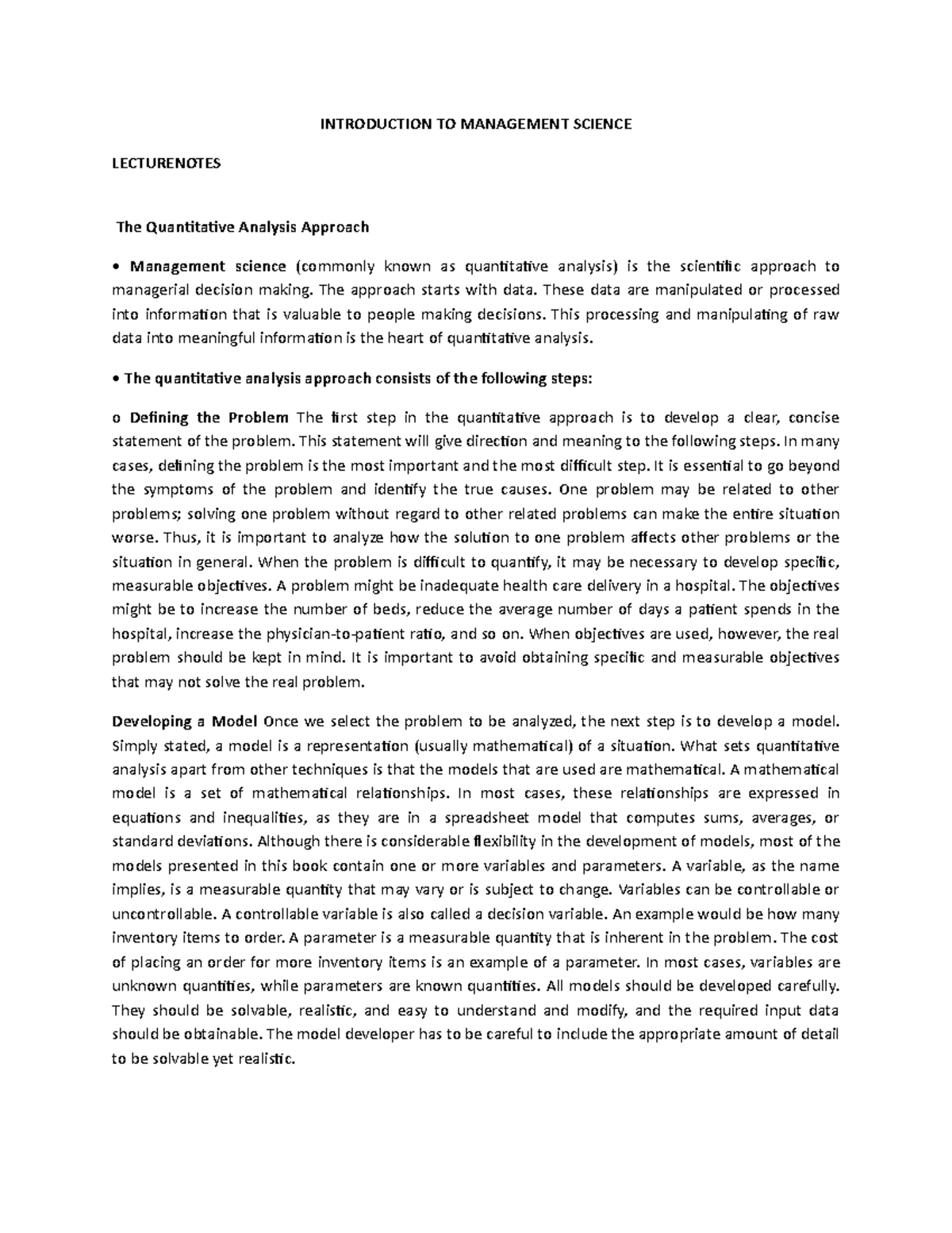 Introduction To Management Science Notes Introduction To Management Science Lecturenotes The