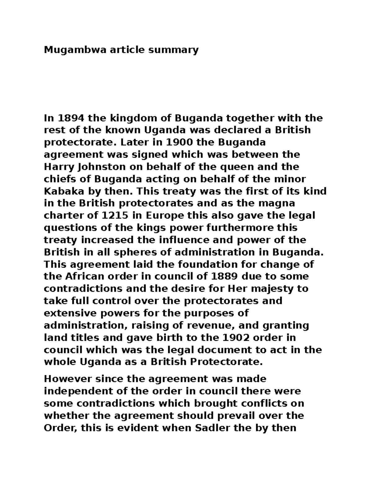 Mugambwa article summary - Later in 1900 the Buganda agreement was ...