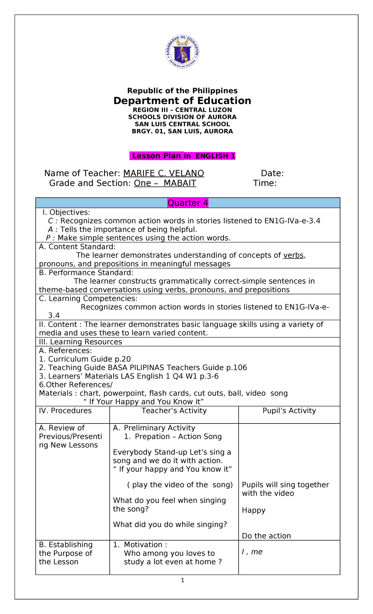 Lesson Plan in English 1 - Republic of the Philippines Department of ...
