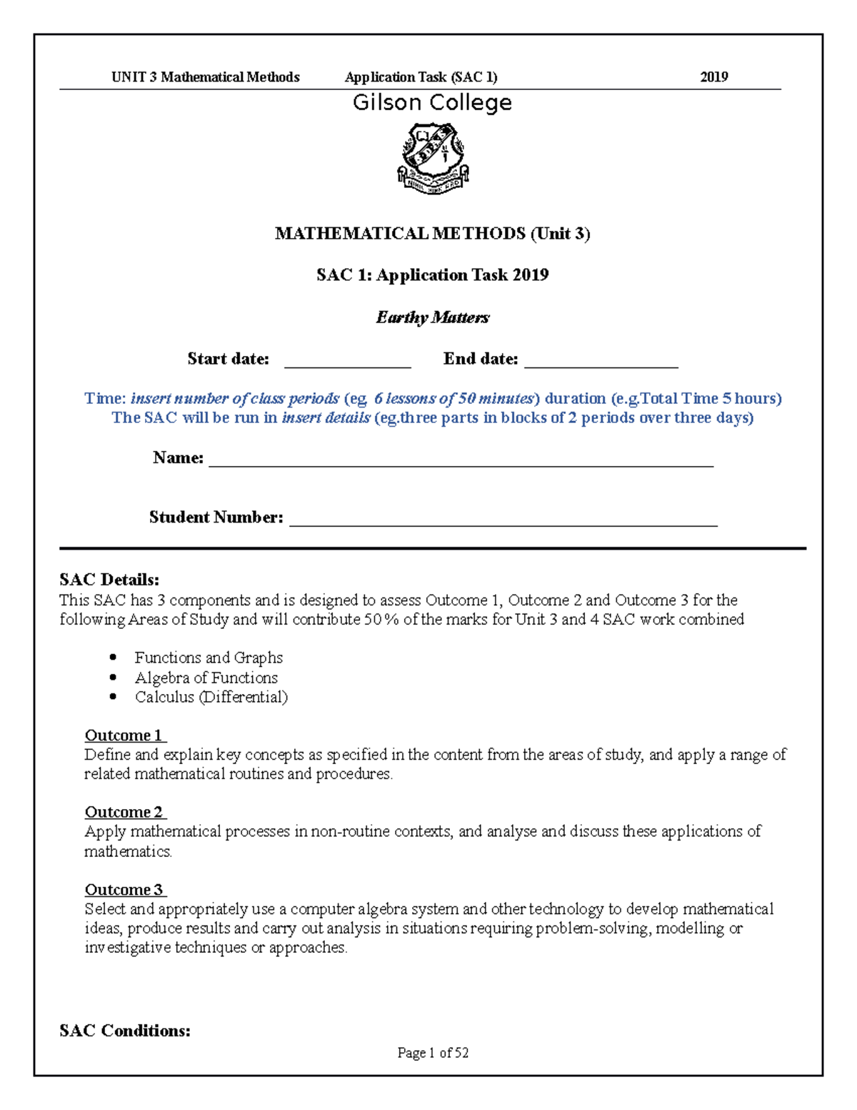 Application Task SAC(19) - Gilson College MATHEMATICAL METHODS (Unit 3 ...