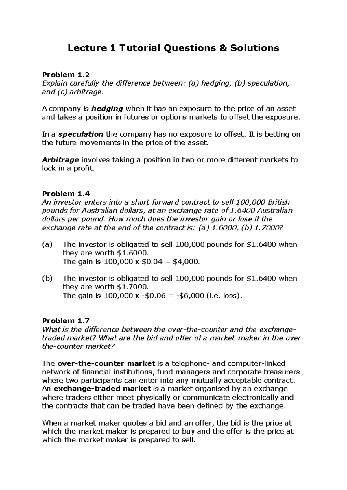 FINA2204 S2 2024 Lecture 1 Tutorial Questions & Solutions - Lecture 1 Tutorial Questions & - Studocu