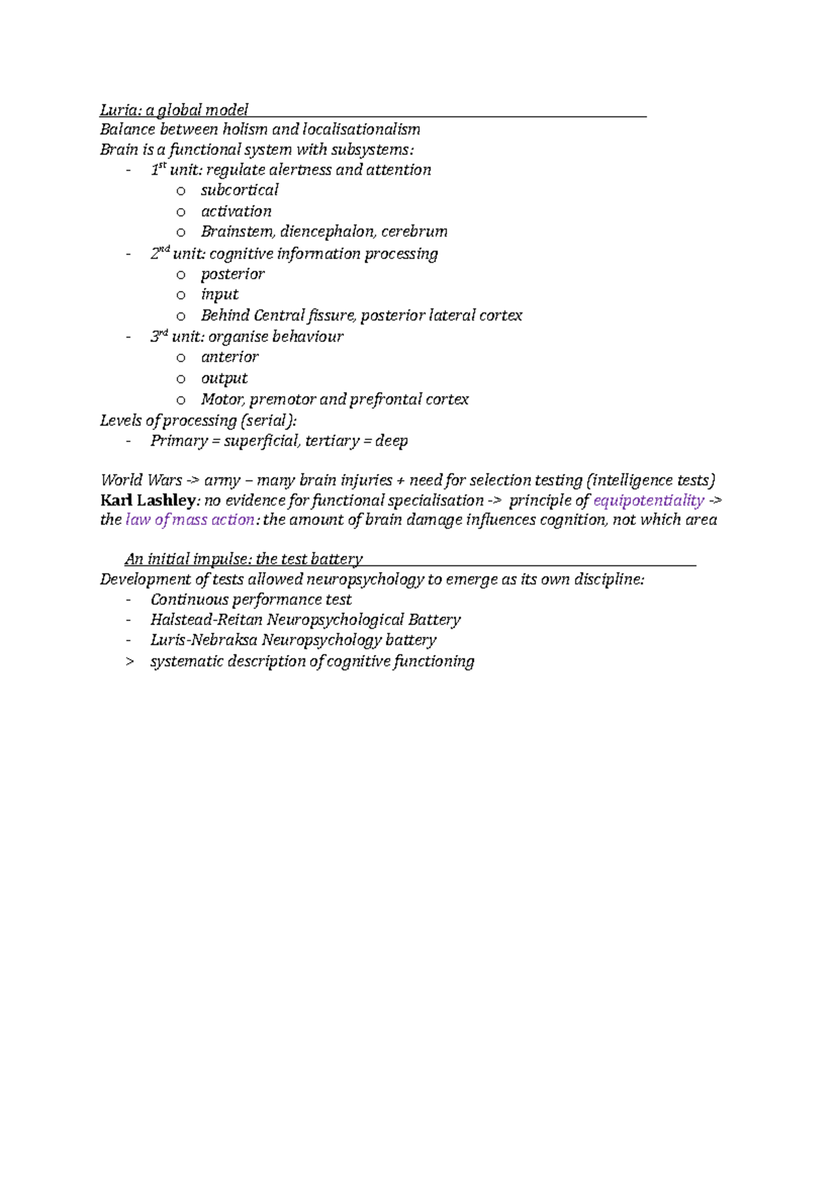 Luria - Lecture notes Psychology 101 - Luria: a global model Balance ...