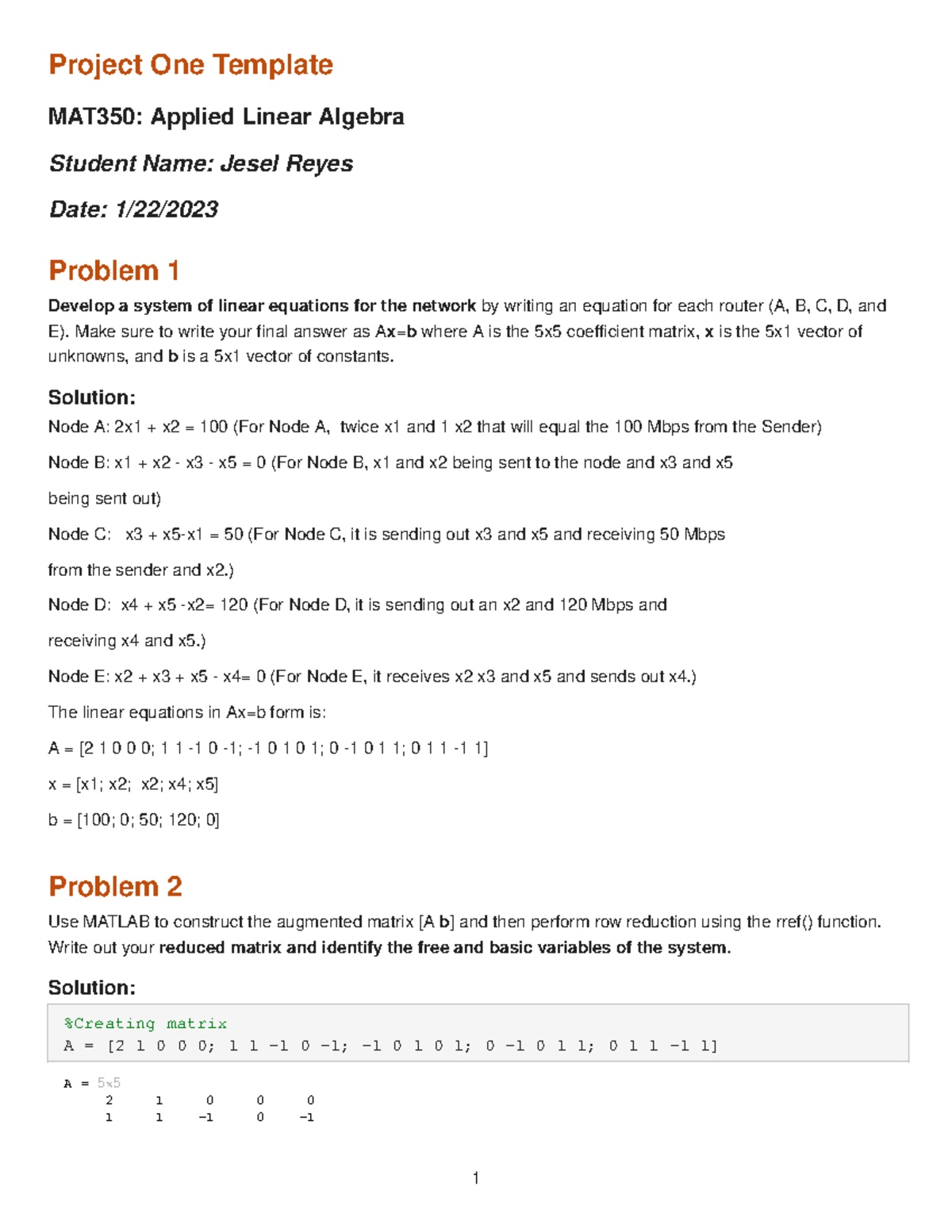 Project One Jesel Reyes - Project One Template MAT350: Applied Linear Algebra Student Name ...