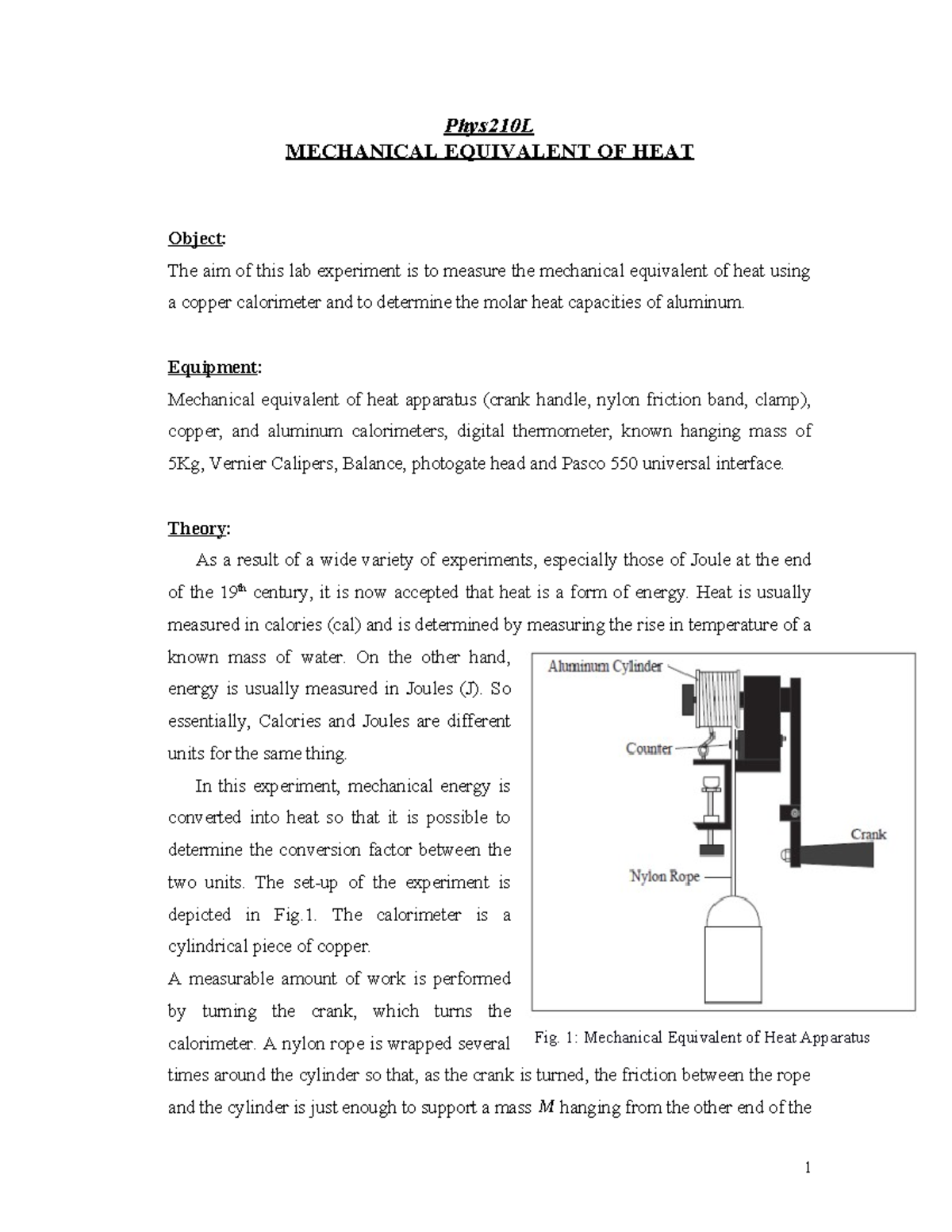 ME of Heat Manual - Phys210L MECHANICAL EQUIVALENT OF HEAT Object: The ...