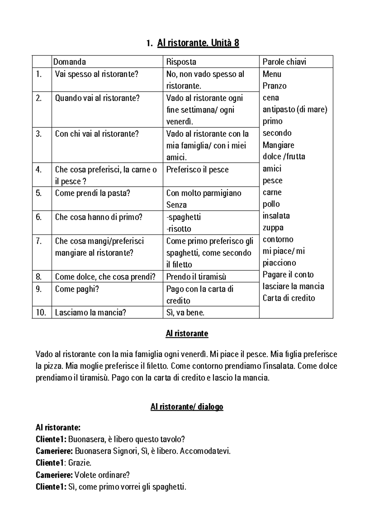 Ripasso 2 - 1. Al ristorante. Unità 8 Domanda Risposta Parole chiavi Vai spesso al ristorante ...