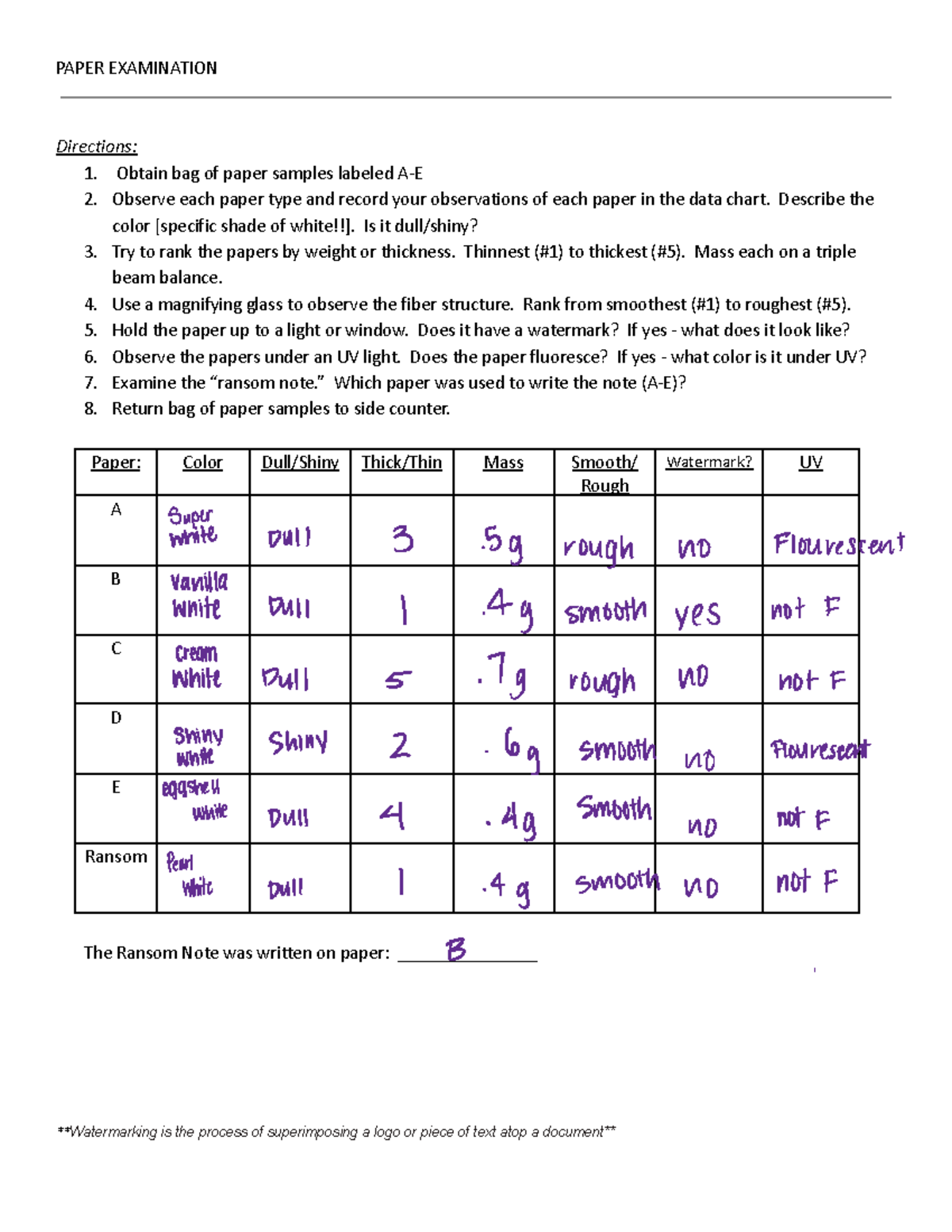 Paper Examination Lab - PAPER EXAMINATION Directions: 1. Obtain bag of ...