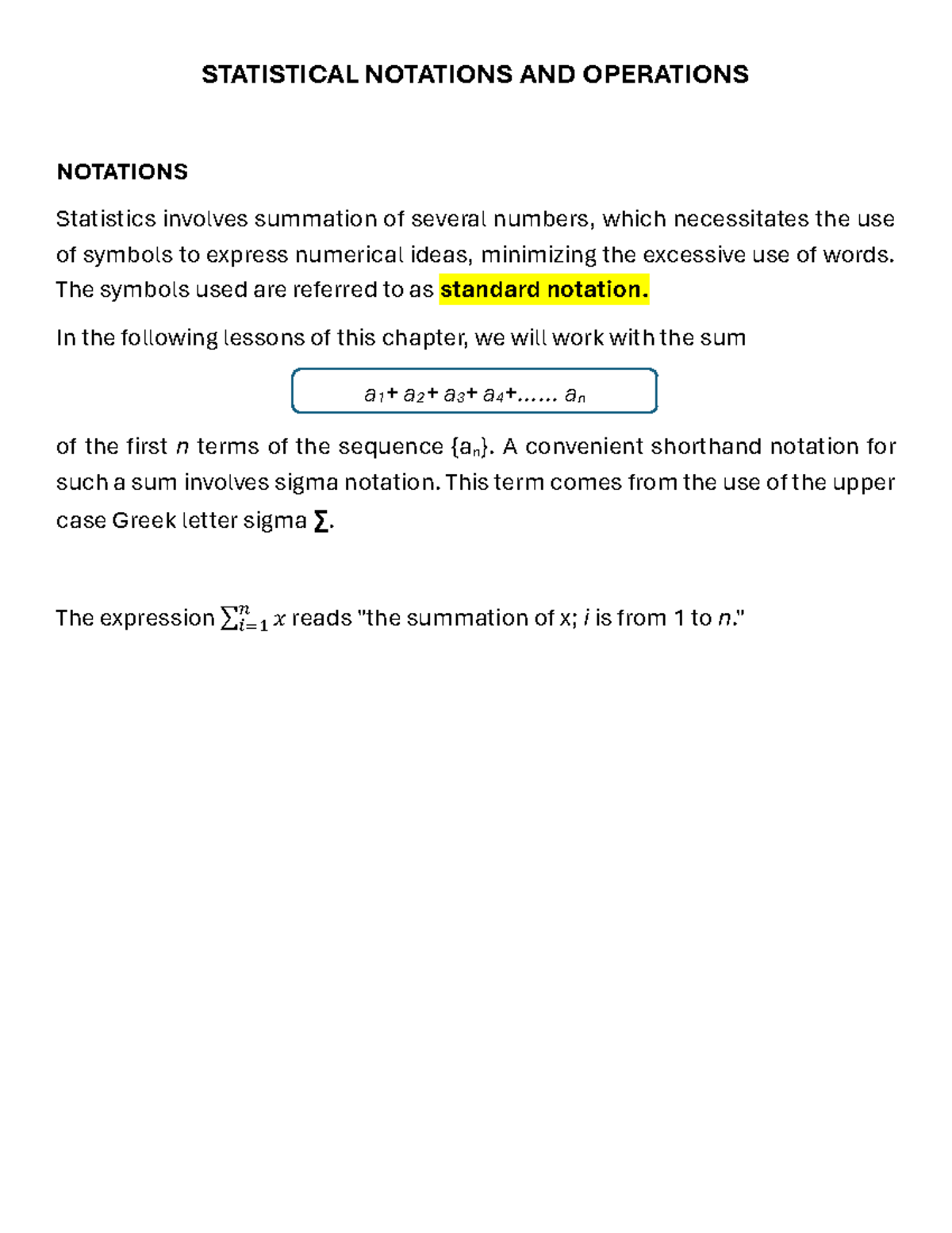 Chapter 2 - Hajajggood - STATISTICAL NOTATIONS AND OPERATIONS NOTATIONS ...