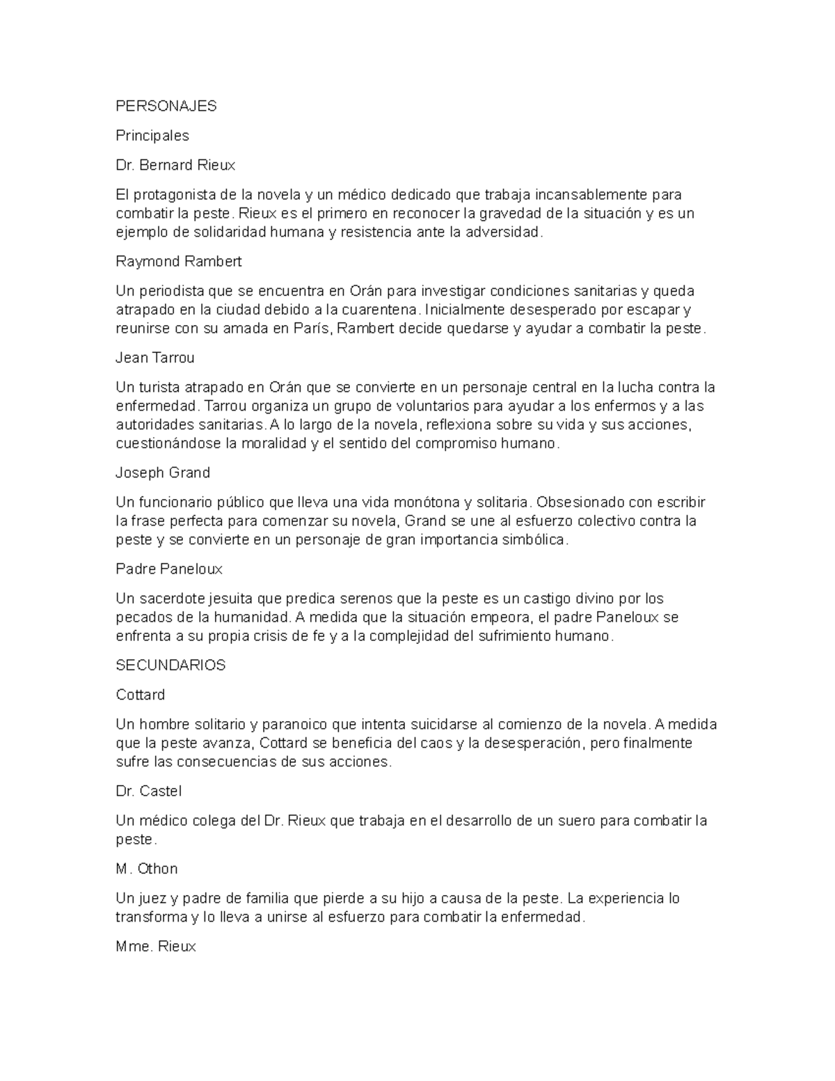 Albert Camus - XXXX - PERSONAJES Principales Dr. Bernard Rieux El ...