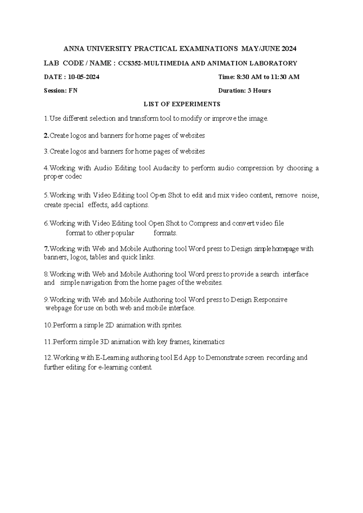 MA-List of Experiments Set 1 (FN) - ANNA UNIVERSITY PRACTICAL EXAMINATIONS MAY/JUNE 2024 LAB ...