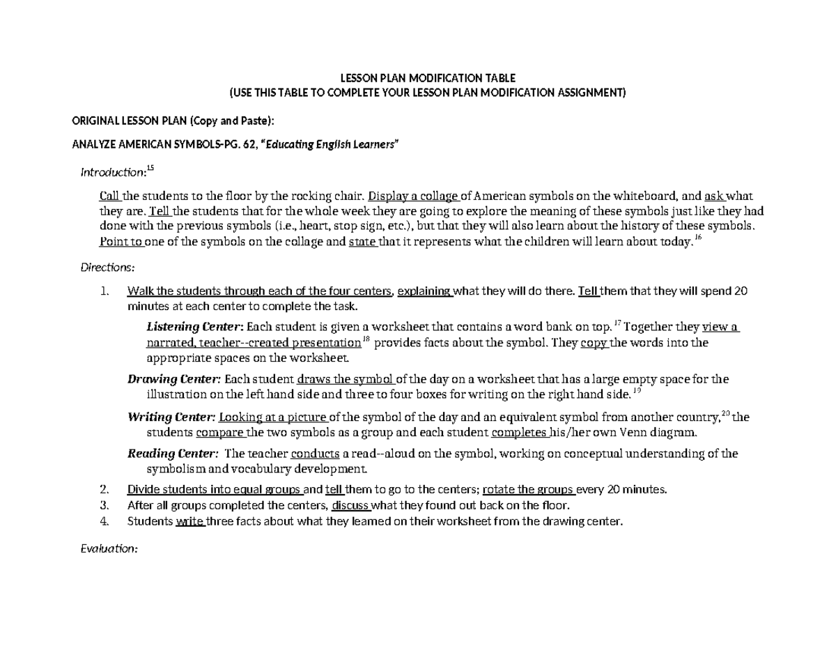 Analyze American Symbols - LESSON PLAN MODIFICATION TABLE (USE THIS TABLE TO COMPLETE YOUR ...