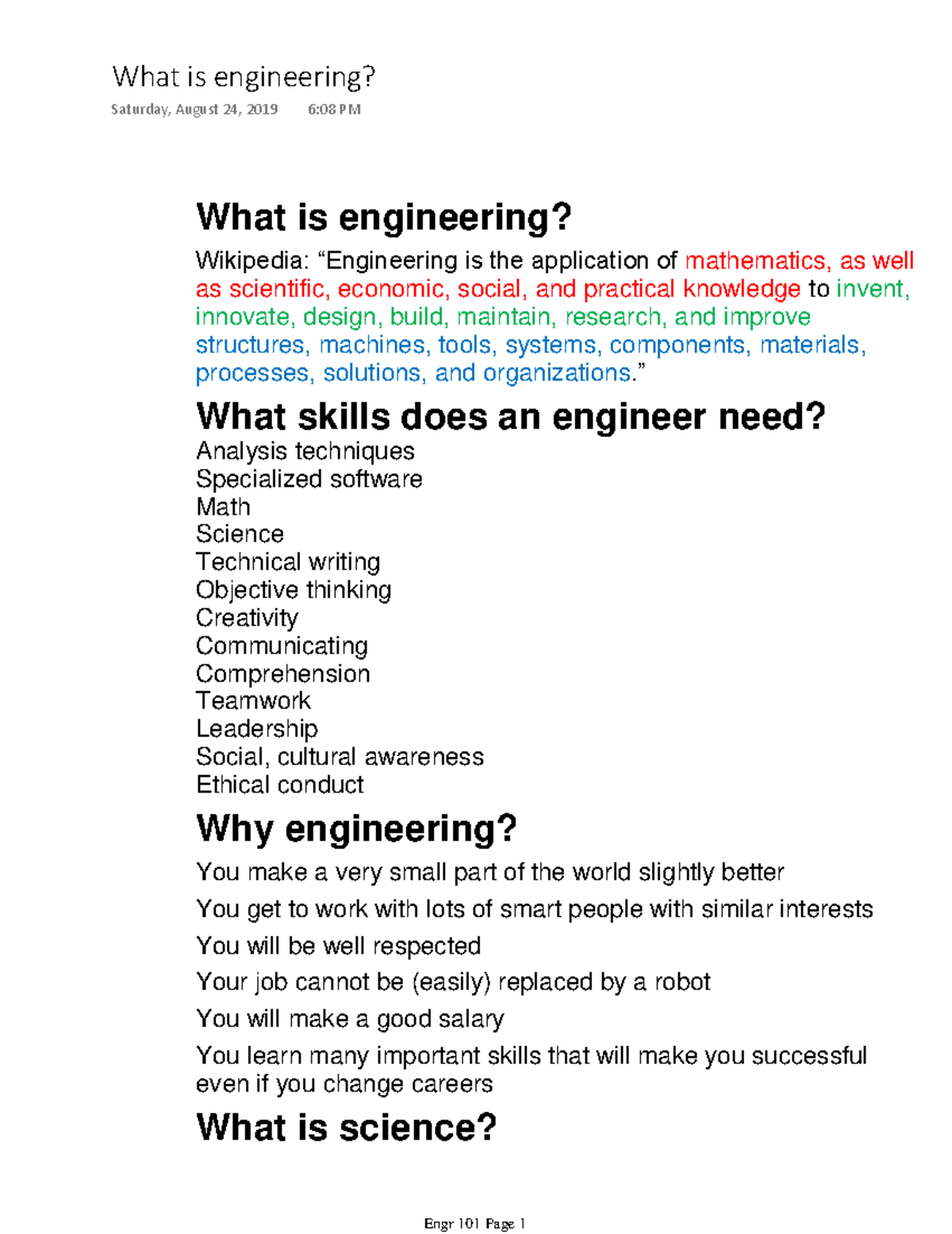 Engr 101 - Basic principles and functions of engineering - What is ...
