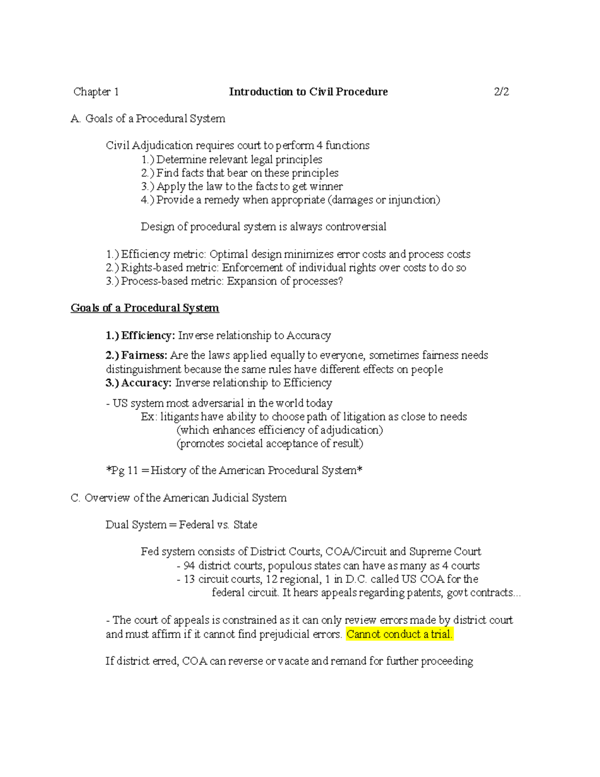 Civil Procedure Outline 2022 - Chapter 1 Introduction to Civil ...