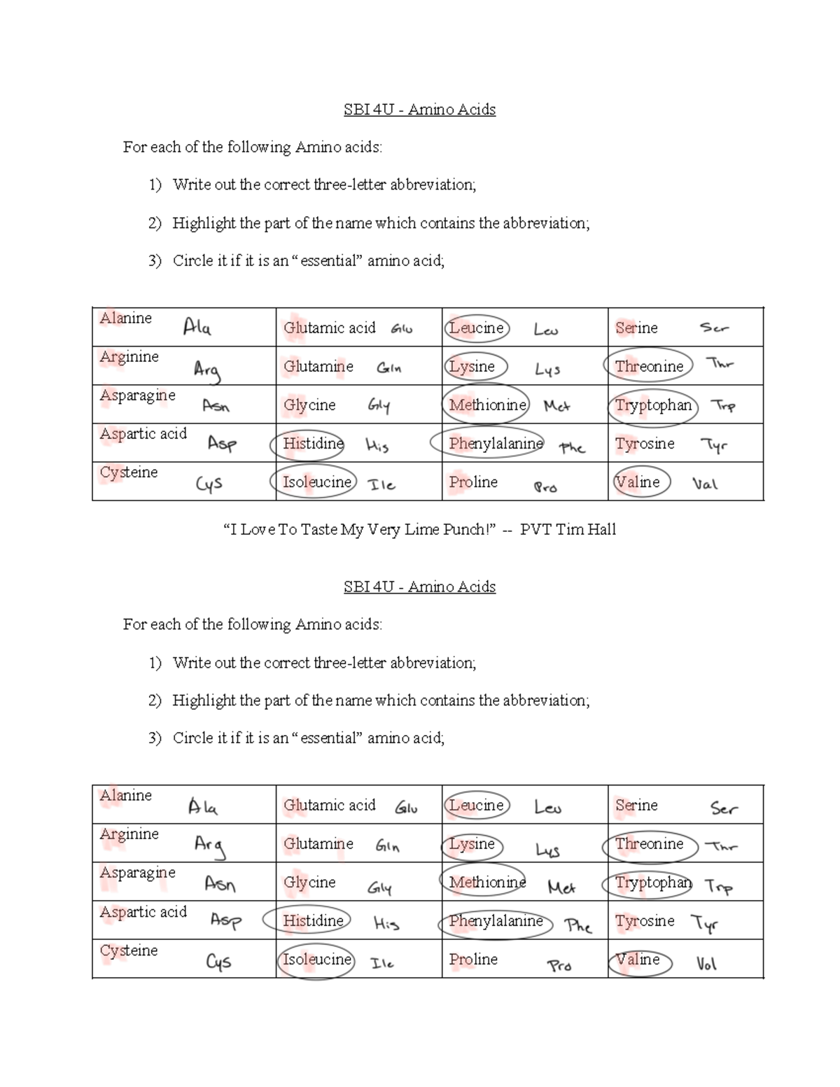 Amino Acids Worksheet - biochemistry unit - SBI 4U - Amino Acids For ...